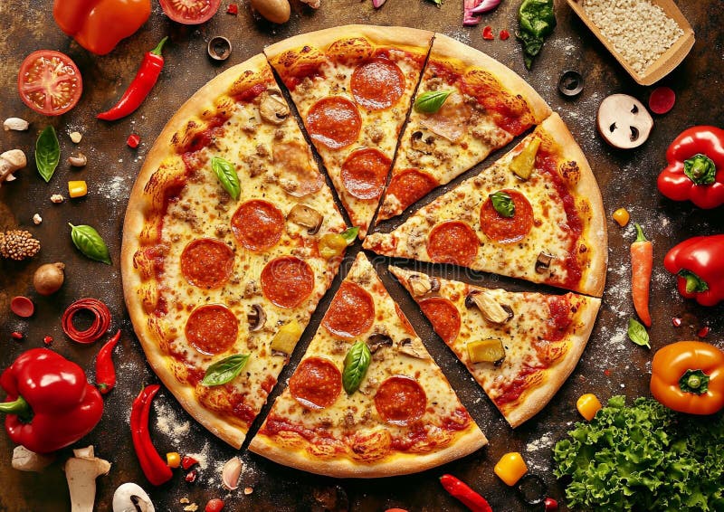 Pepperoni Pizza Cutted in Slices with Various Ingredients of Kitchen ...