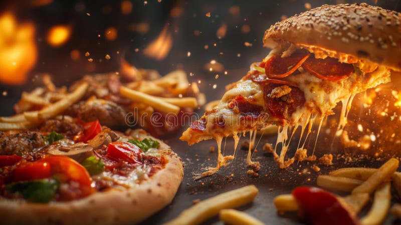 Pepperoni Pizza and French Fries with Fire Background Stock ...