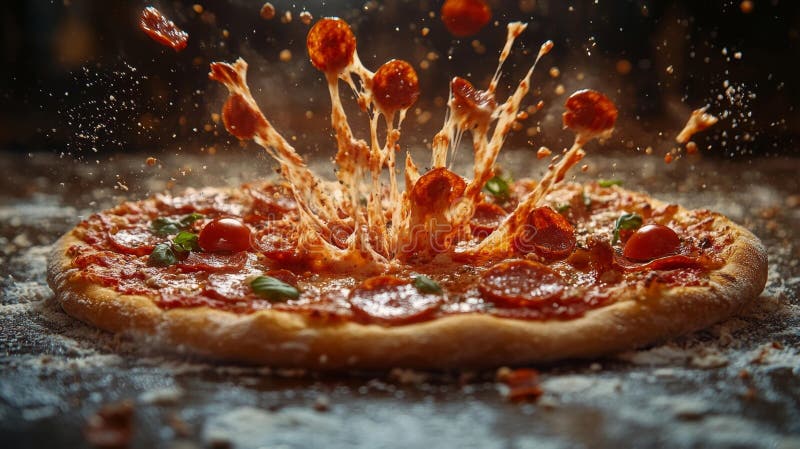 Pepperoni Pizza with Melting Cheese and Exploding Toppings Stock ...