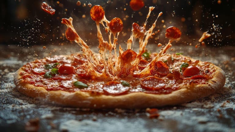 Pepperoni Pizza with Melting Cheese and Exploding Toppings Stock ...