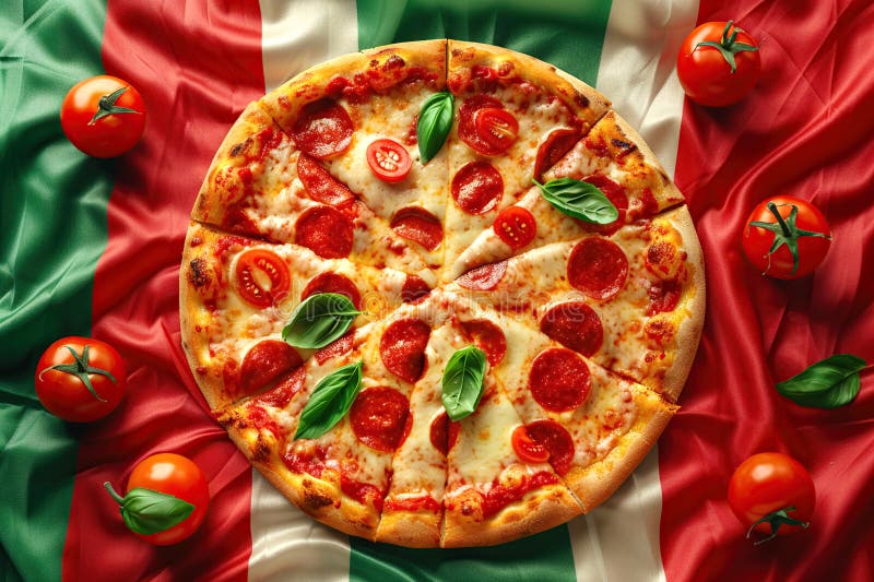Pepperoni Pizza Over Flag of Italy. Top View, Flatlay Composition ...