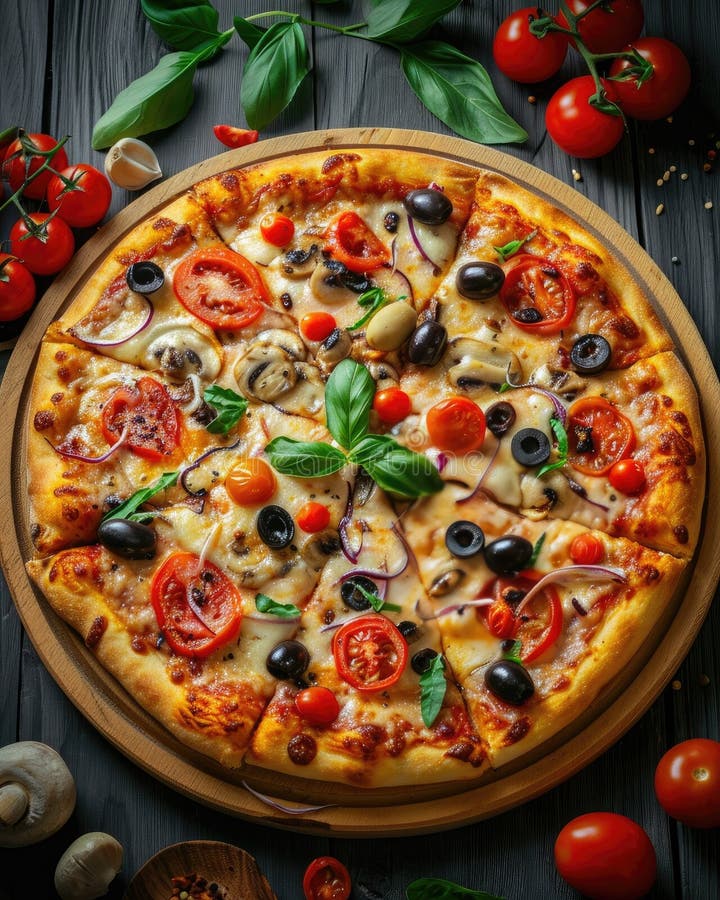 Pizza on Wooden Plate stock illustration. Illustration of takeout ...