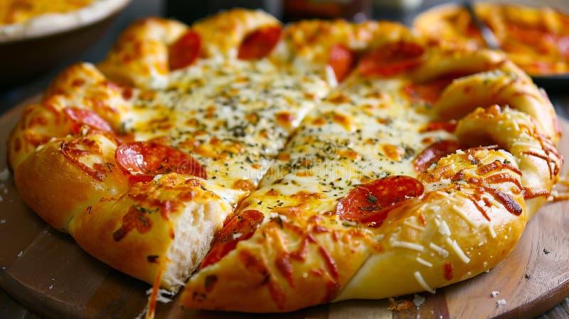 A Pepperoni Pizza Sitting on Top of a Wooden Cutting Board Stock Photo ...