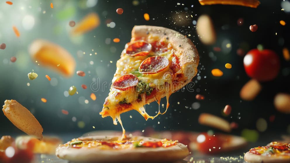 Pepperoni Pizza Slice in Air with Falling Toppings Stock Illustration ...