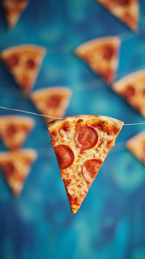 Pepperoni Pizza Slice Hanging on String Over Blue Background, Playful ...