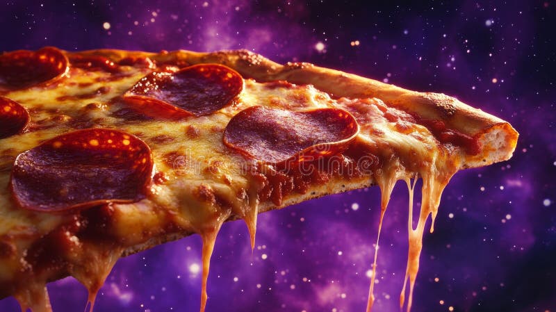A Pepperoni Pizza Slice Hovers in a Space Dotted with Twinkling Stars ...