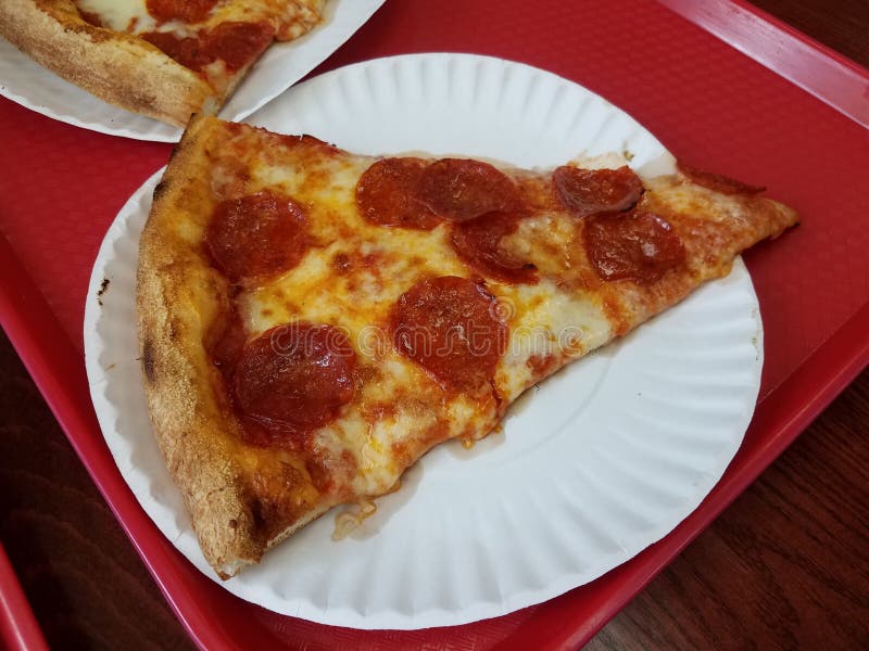Pepperoni Pizza Slice on Paper Plate and Red Tray Stock Image - Image ...