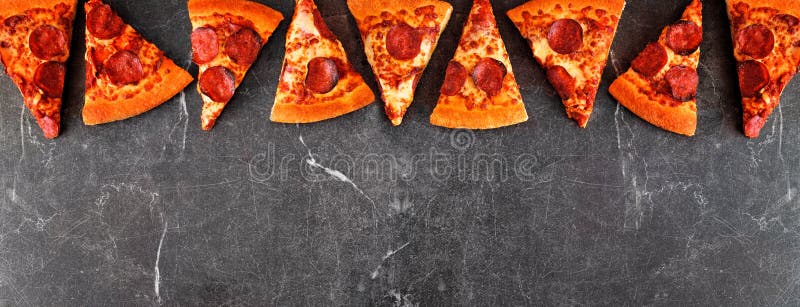 Pepperoni Pizza Slice Top Border Over a Dark Slate Banner Background ...