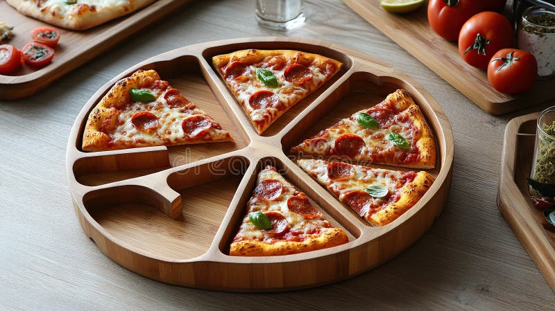 Pepperoni Pizza Slices on a Divided Wooden Serving Platter Stock ...