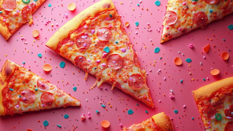 Pepperoni Pizza Slices Scattered on Pink Background with Sprinkles ...