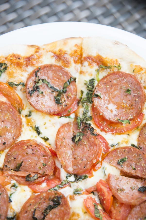 Pepperoni Pizza with Tomato and Mozzarella Stock Photo - Image of pizza ...