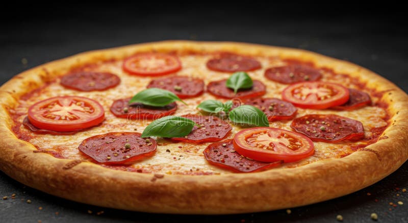 Pepperoni Pizza with Tomato Slices and Basil Leaves on Dark Background ...