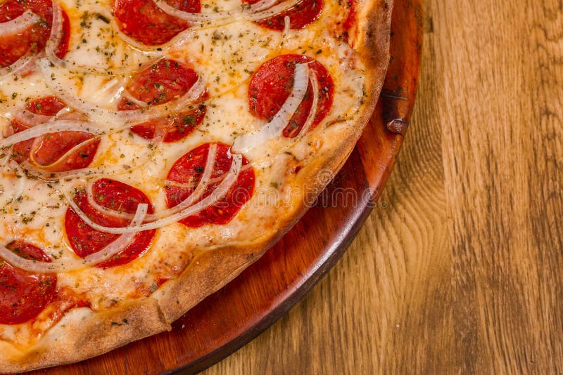 Pepperoni Pizza on Wooden Background. Brazilian Pizza Called Pizza De ...