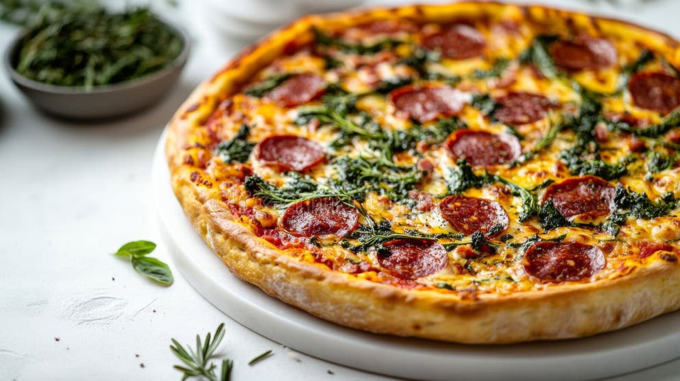 Pepperoni and Spinach Pizza on White Marble Stock Illustration ...