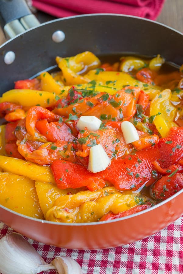 Peppers fried in a pan stock image. Image of fried, kitchen - 65187407