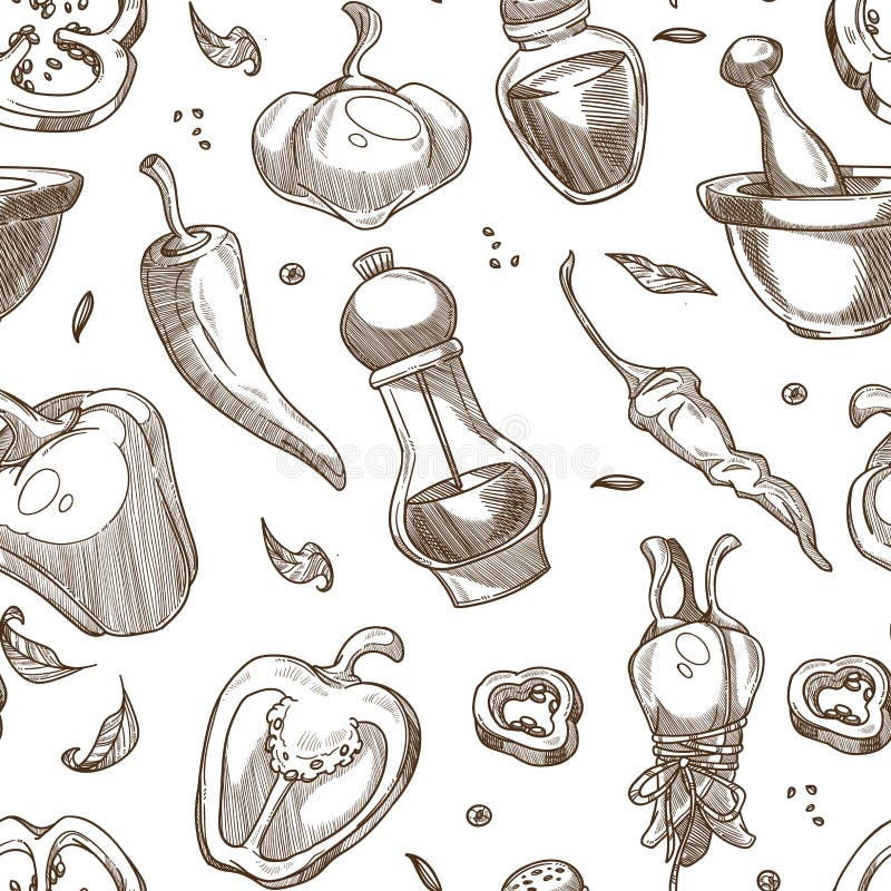 Peppers Various Types Hand Drawn Sketch Pattern Stock Vector ...