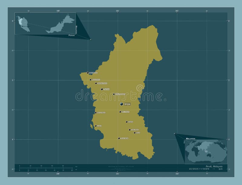 Perak, Malaysia. Solid. Labelled Points of Cities Stock Illustration ...