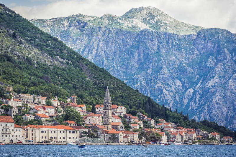 Perast in Montenegro stock photo. Image of belfry, catholicism - 266592594