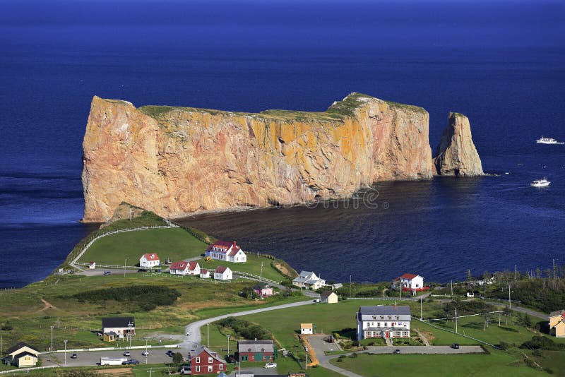 Perce Rock and Village, Gaspesie, Quebec Stock Image - Image of perce ...