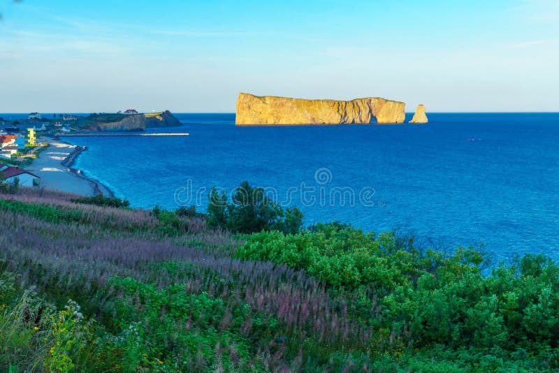Perce Rock, and Perce Village Stock Photo - Image of north, canada ...