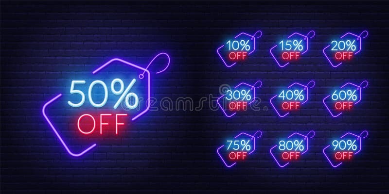 10, 15, 20, 30,40,50, 60, 75, 80, 90 Percent Off . Neon Discount Light ...