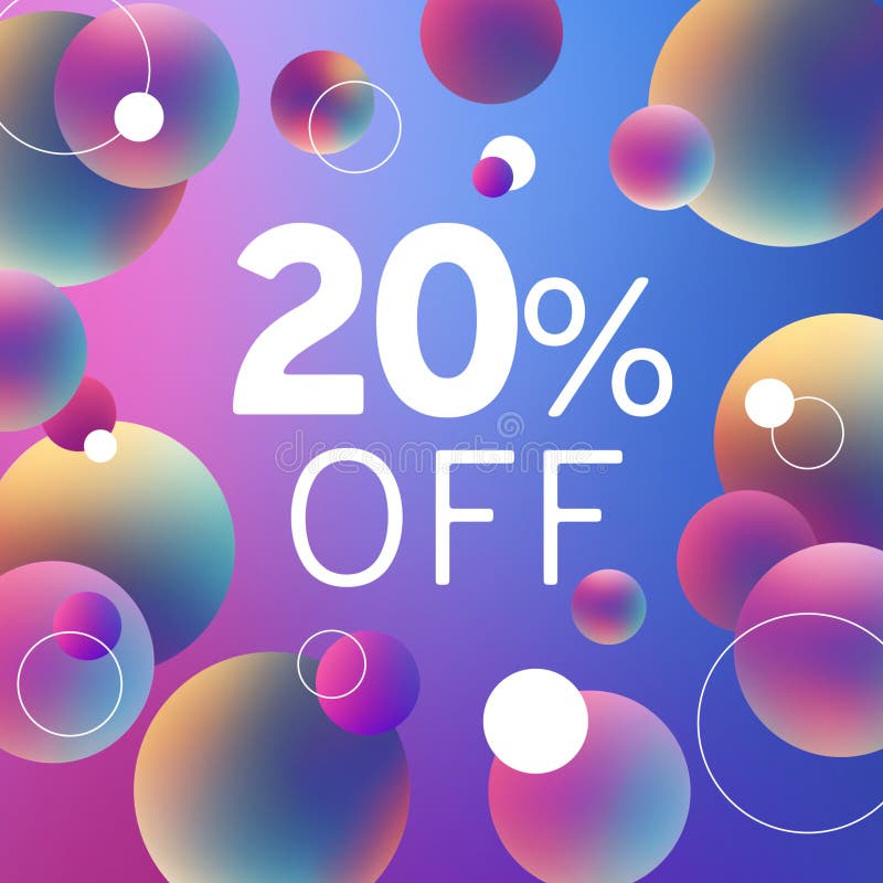 20 Percent Off, White Letters on Multicolored Bubbles Background, 3d ...