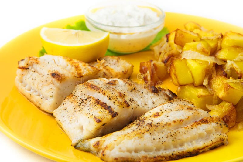 The Perch Fish Grill with Vegetable Sauce and Potatoes Stock Photo ...