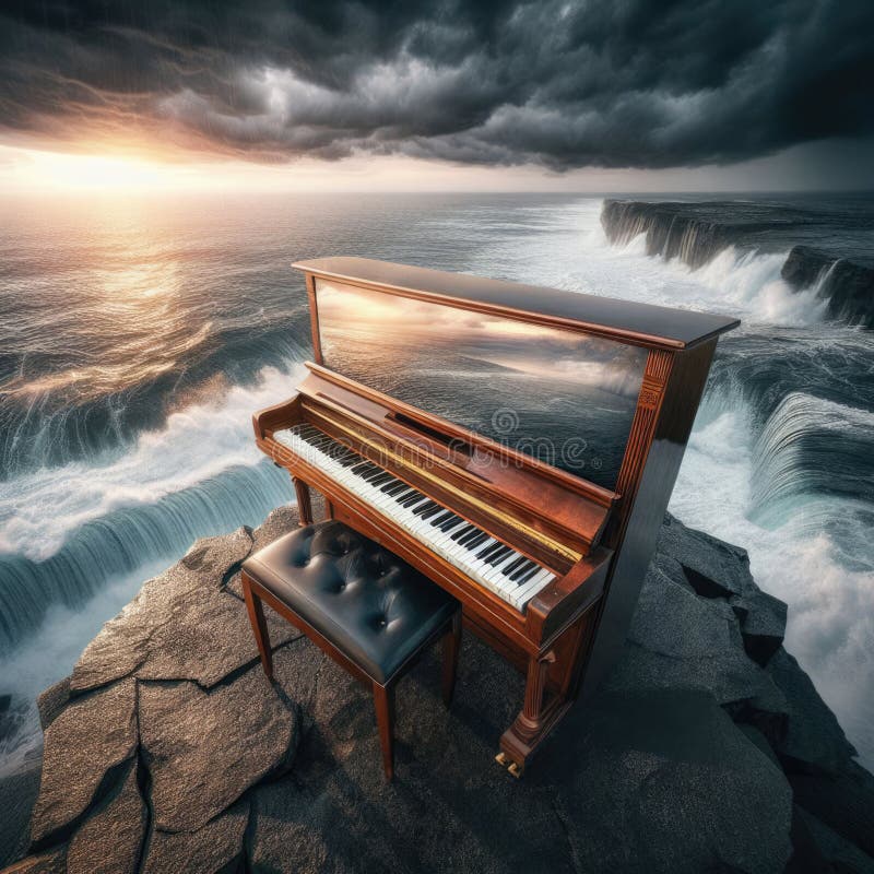 Upright Piano Sits on Cliff Edge in Dramatic Music Display, Against ...