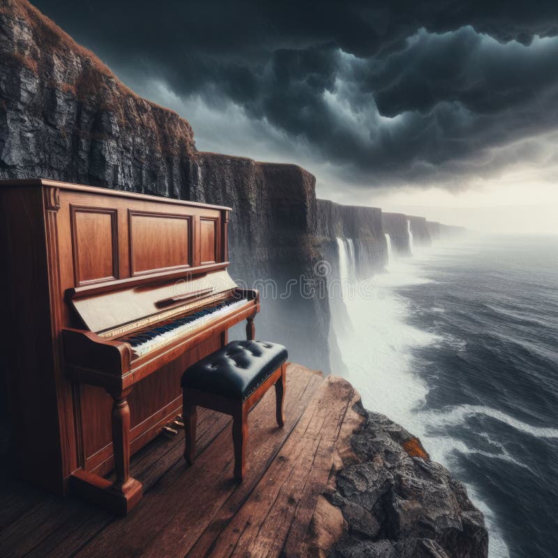 Upright Piano Sits on Cliff Edge in Dramatic Music Display, Against ...