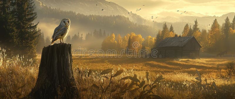 Perched on a Tree Stump, a Barn Owl Had a Rustic Cabin As Its Backdrop ...