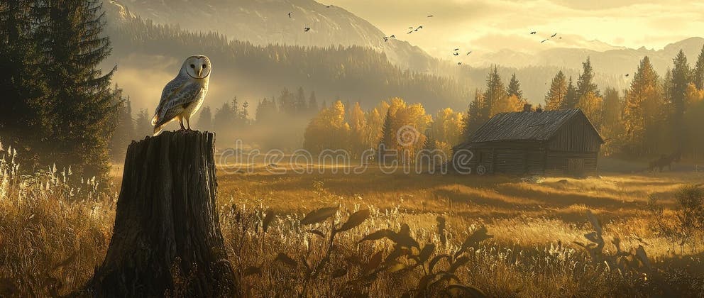 Perched on a Tree Stump, a Barn Owl Had a Rustic Cabin As Its Backdrop ...