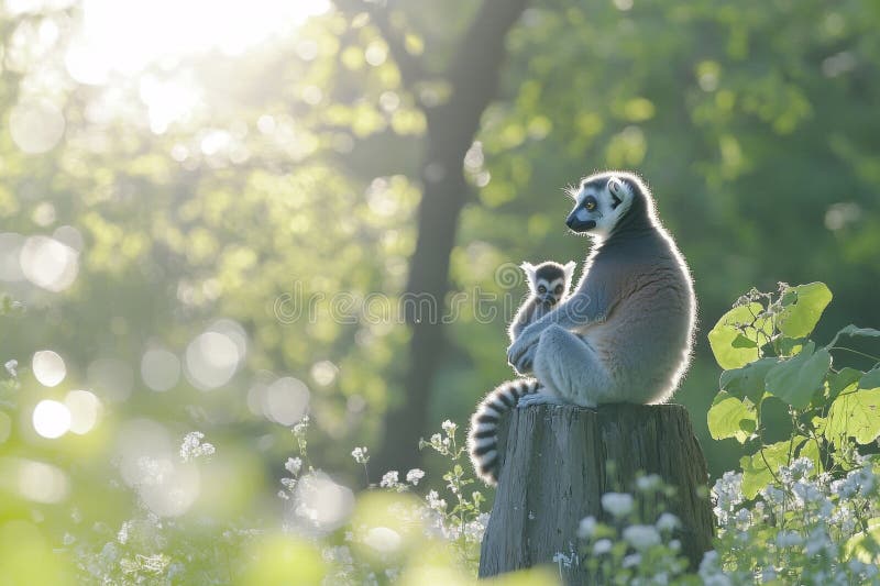 Perched on a Tree Stump, a Ring-tailed Lemur Mother Cared for Her Baby ...