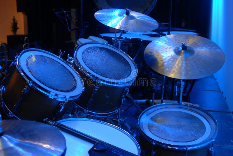 Percussion Instruments Lit by Blue Spotlights on Stage Stock Photo ...