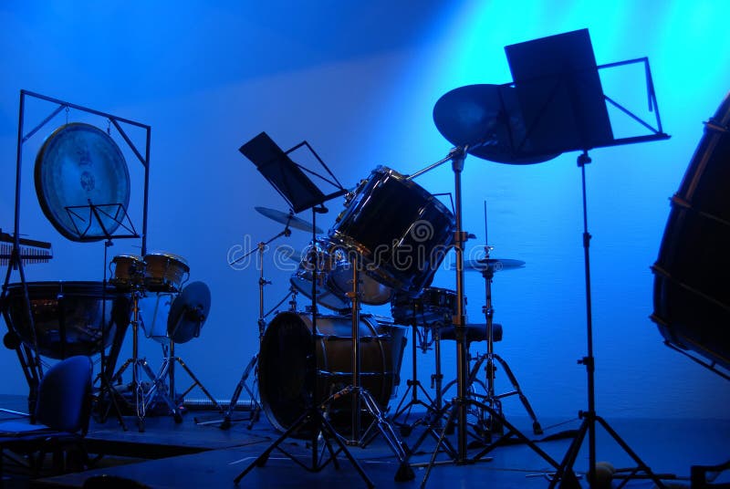 Percussion Instruments Lit by Blue Spotlights on Stage Stock Photo ...