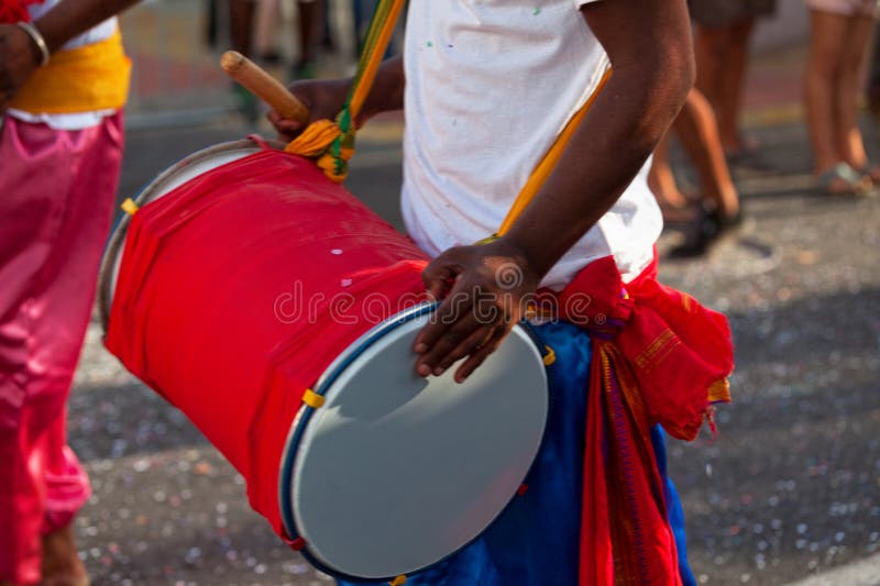 Percussionist Playing with a Dholak during the Carnival of Grand Boucan ...