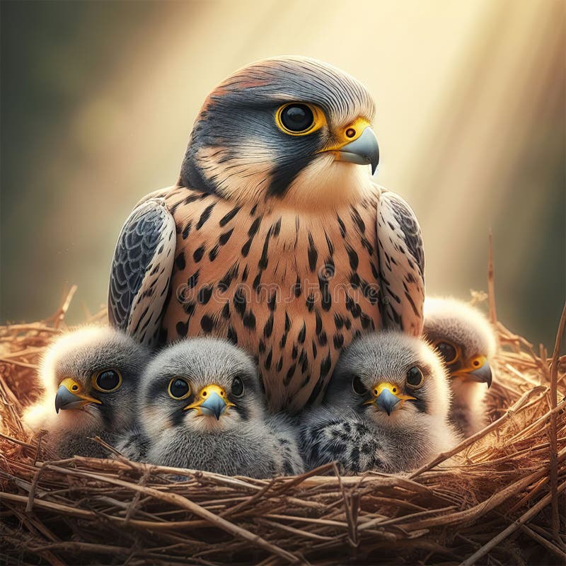 Peregrin Falcon in the Nest with Babies Stock Illustration ...
