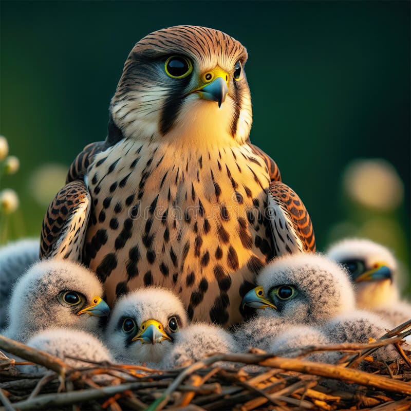Peregrin Falcon in the Nest with Babies Stock Illustration ...