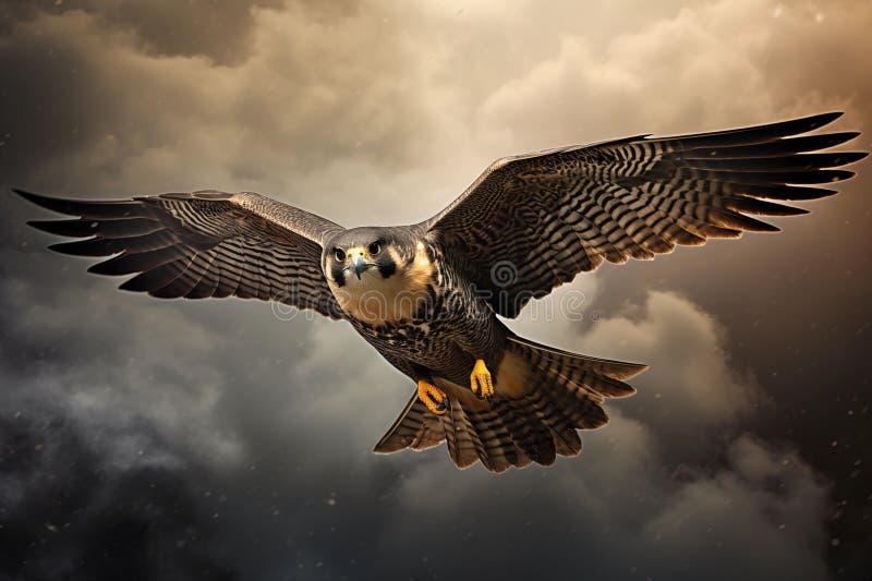 The Peregrine Falcon Flies with Its Wings Spread in the Epic Sky Stock ...