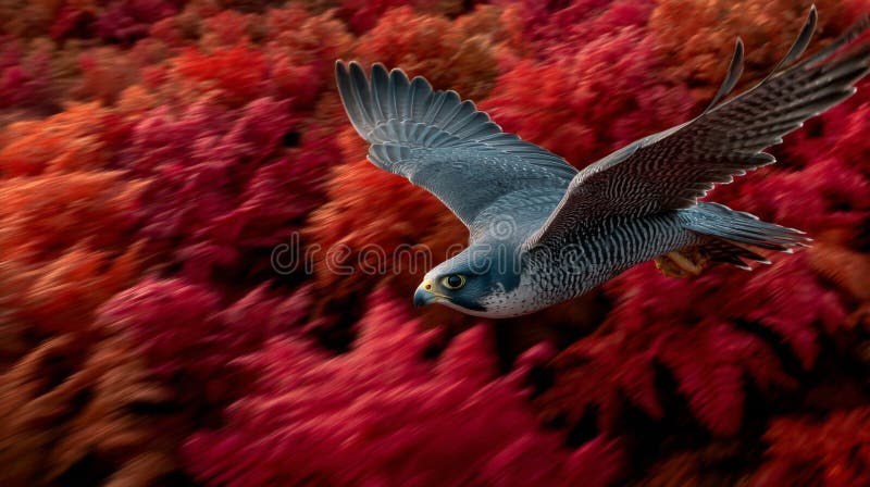Peregrine Falcon in Flight Above Red Abstract Landscape Stock ...