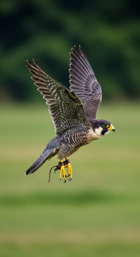 Peregrine Falcon in Flight Over Green Field Stock Illustration ...