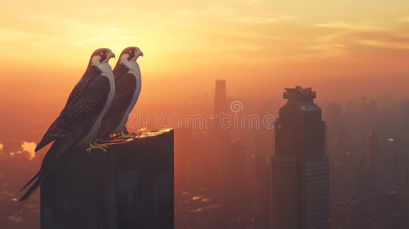 Peregrine Falcons Perched Atop a Skyscraper at Sunset Stock Image ...