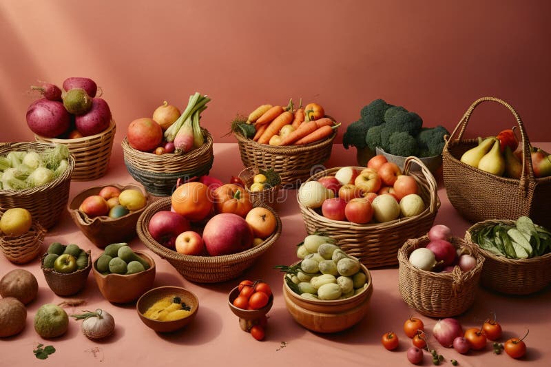 Perfect Baskets of Vegetables on a Pastel Background Stock Illustration ...
