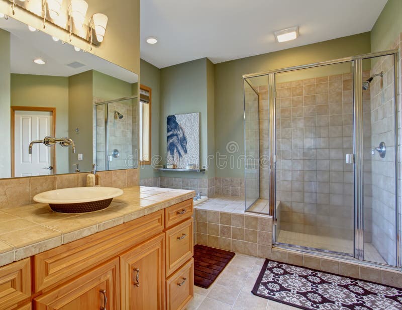 Perfect Bathroom with Bowl Style Sinks, and Glass Shower. Stock Photo ...