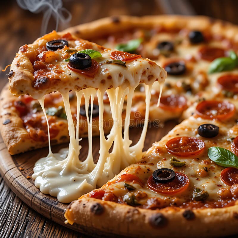 Perfect Cheese Pull Pizza with Pepperoni and Fresh Basil Stock ...