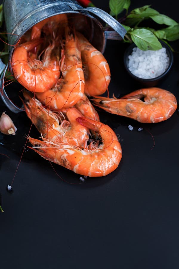 Perfect Cooked Prawns Shrimps with Herbs, Spices Text Space Stock Photo ...