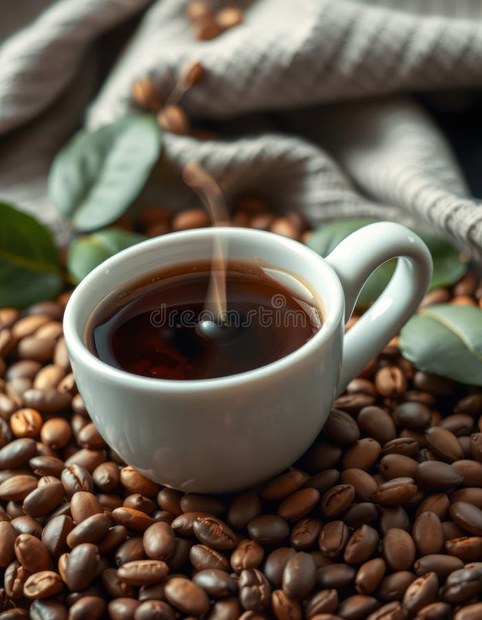 Perfect Cup of Coffee Resting on a Bed of Roasted Beans with Steam ...