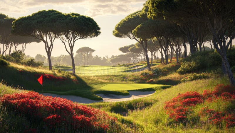 A Perfect Golf Course with a Flag in the Hole Under Sunny Skies Stock ...