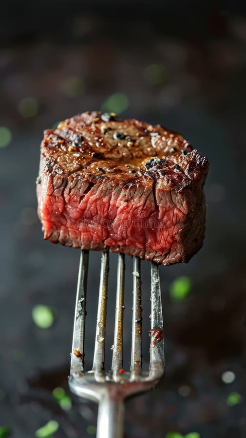 A Perfect Medium Rare Bite of Steak on the Tip of a Fork Stock Photo ...