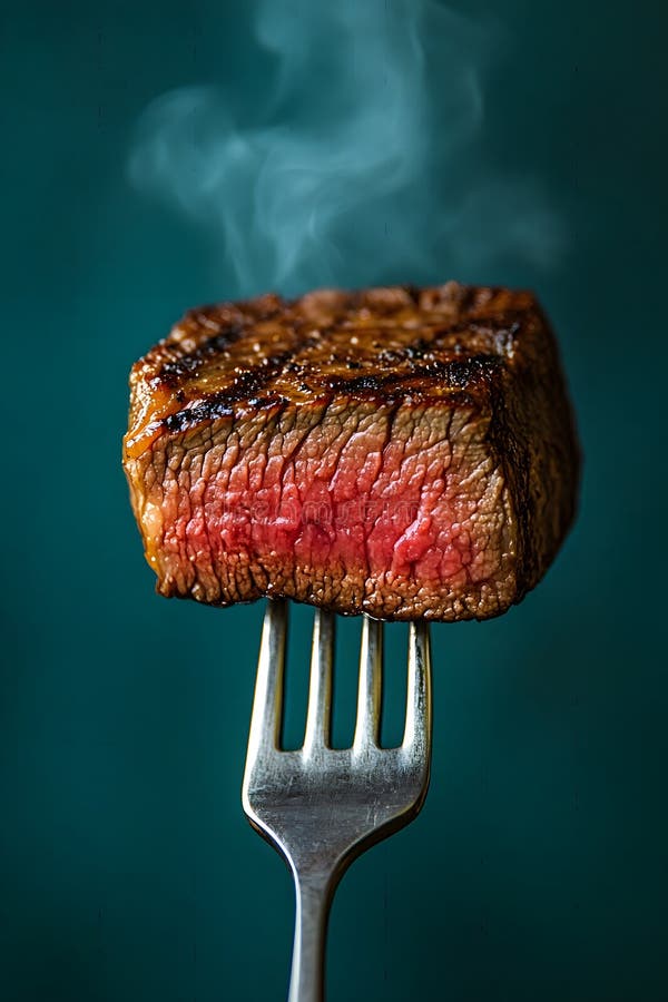 A Perfect Midrare Bite of Steak on the Tip of a Fork Held Vertically ...