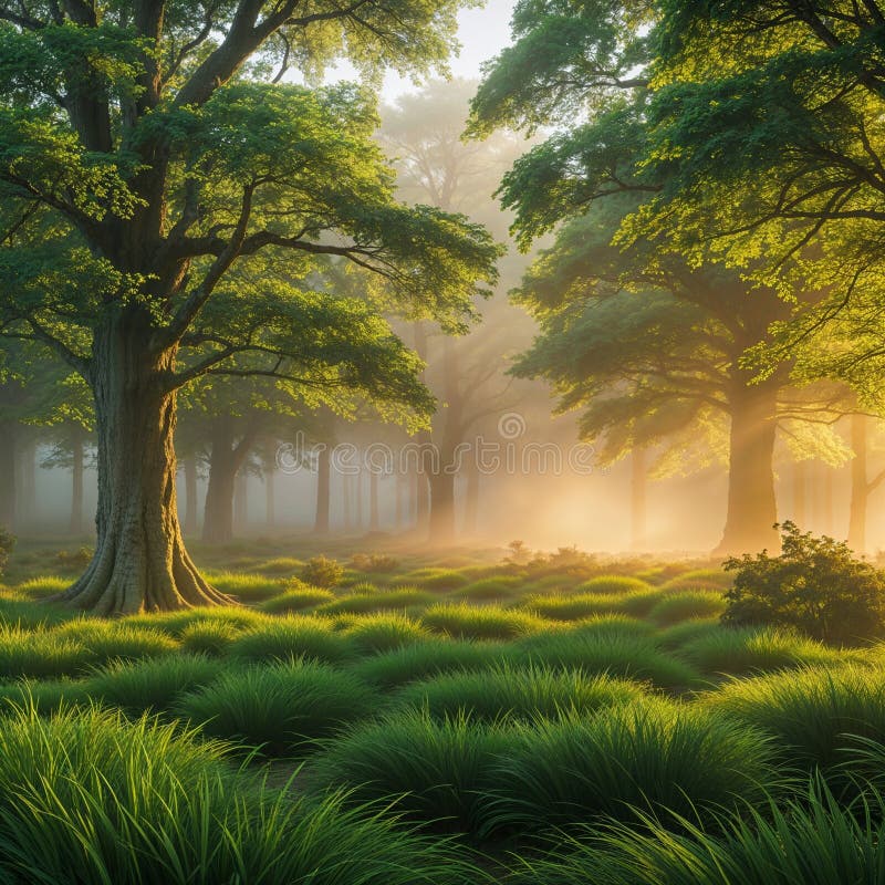 Sunrise through the Trees in a Quiet Forest Stock Illustration ...